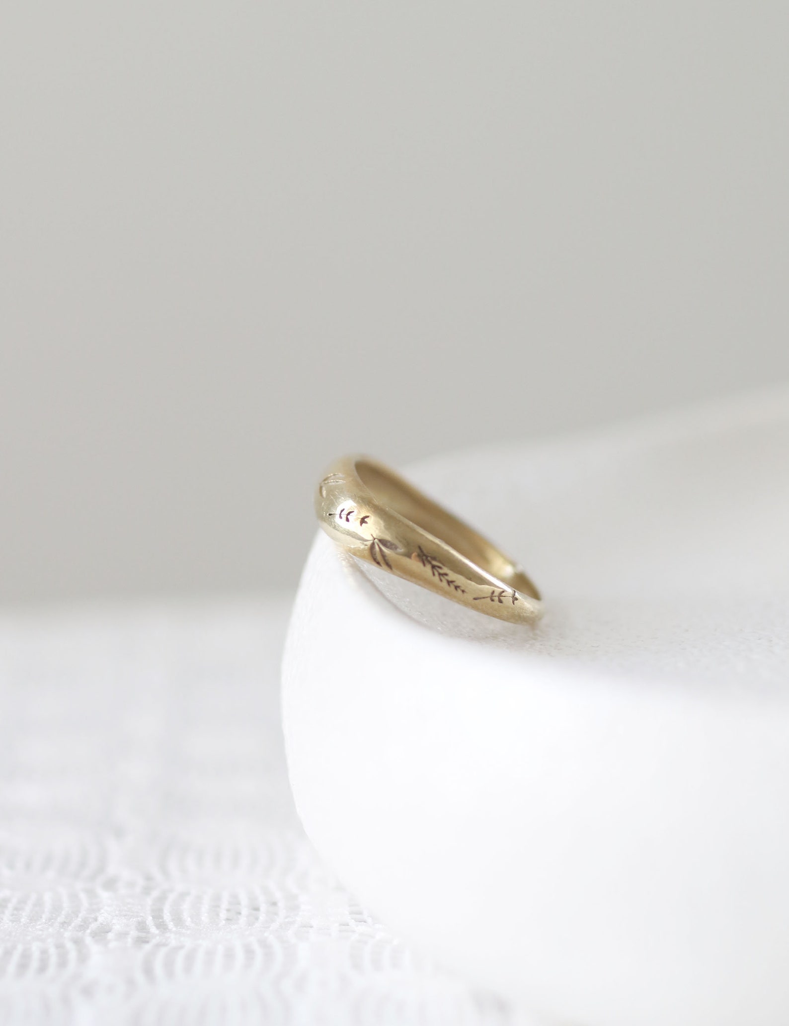 14k Solid Gold Floral Engraved Ring, Wedding Band for Her, Wavy Dome ...