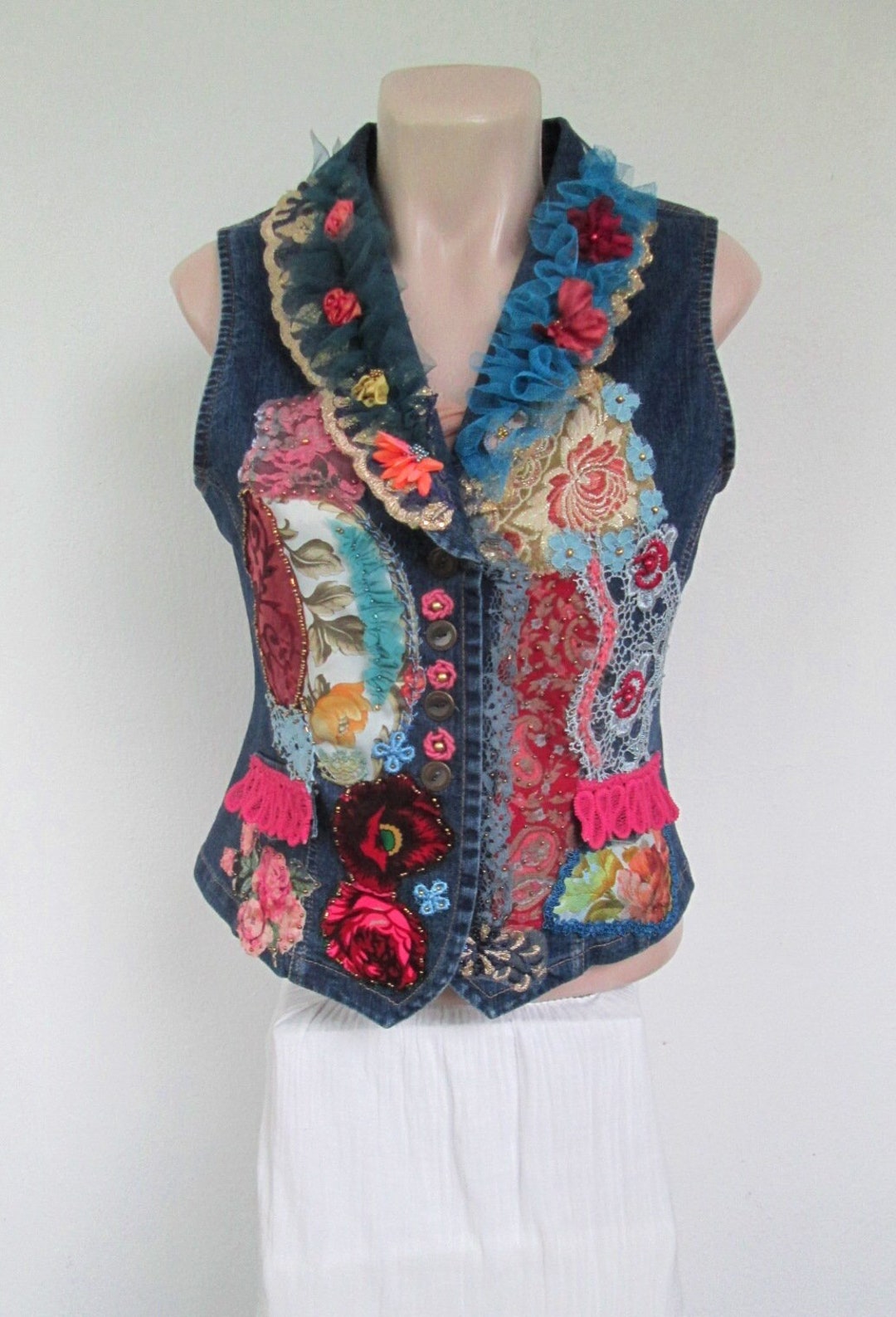 Blue Jeans Vest, Embroidered Denim, Gypsy Style, Art to Wear Altered ...