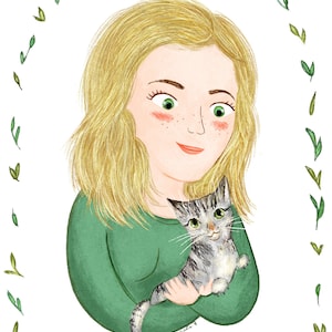 Custom Portrait With Cat Pet and Human Owner, Personalized Illustration ...