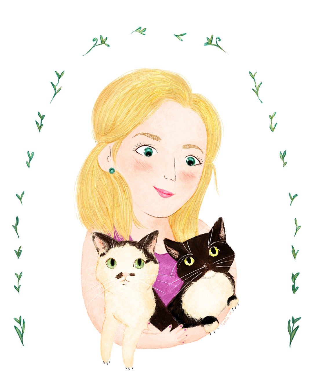 Custom Portrait With Cat Pet and Human Owner, Personalized Illustration ...