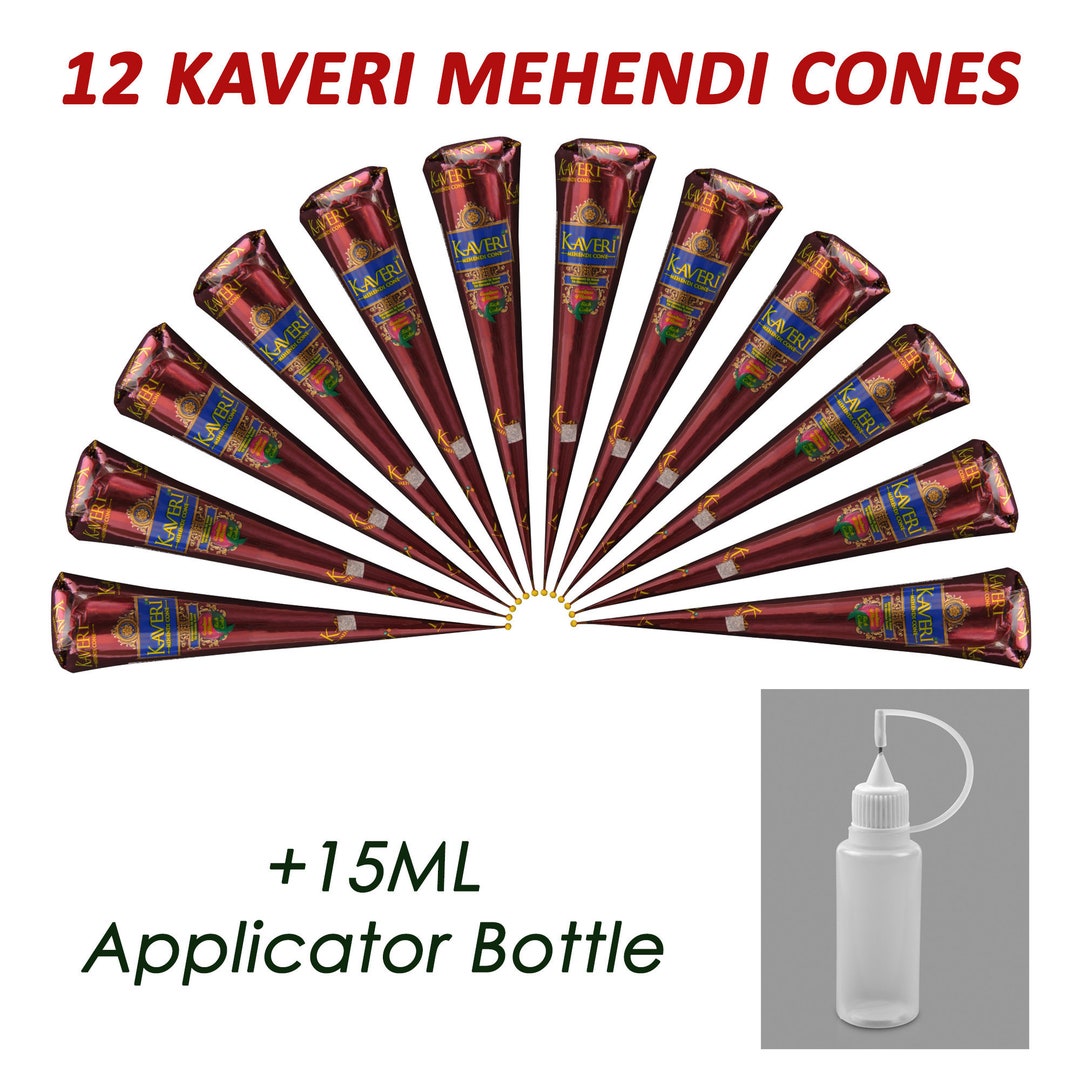 12 Natural Henna Cones + Applicator Bottle Temporary Tattoo Mehendi ...
