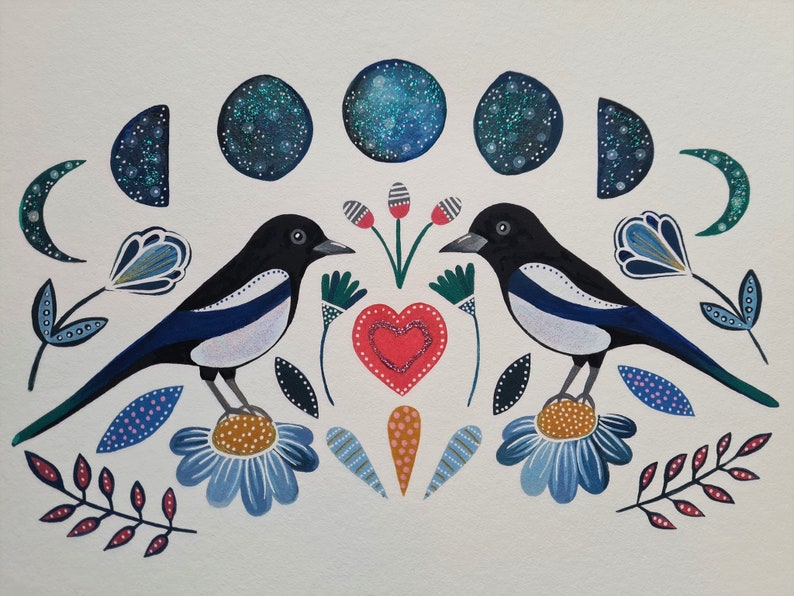 Two Magpies Art Print two for Joy Painting Magpie Poster - Etsy UK