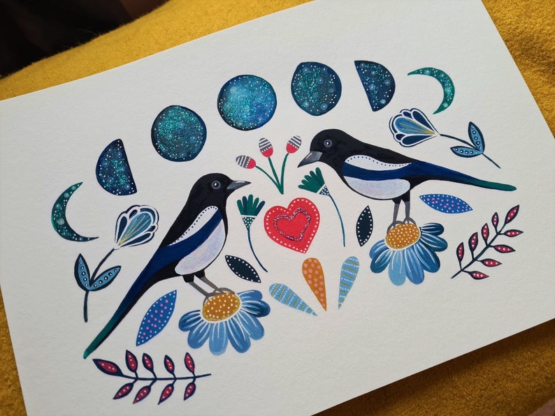 Two magpies art print Two for joy painting Magpie poster | Etsy