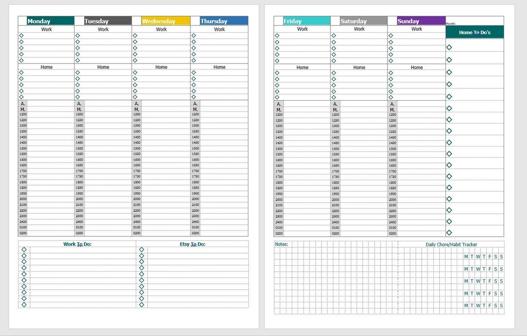 Weekly Vertical Planner Layout With Afternoon Hourly and Home, Work ...