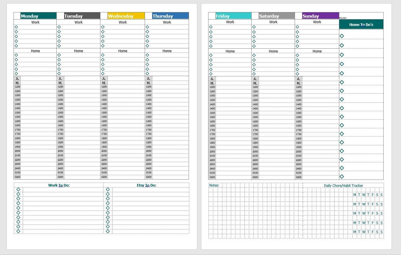 Weekly Vertical Planner Layout With Afternoon Hourly and Home, Work ...