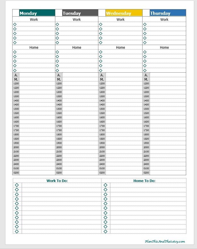 Weekly Vertical Planner Layout With Afternoon Hourly and Home, Work ...