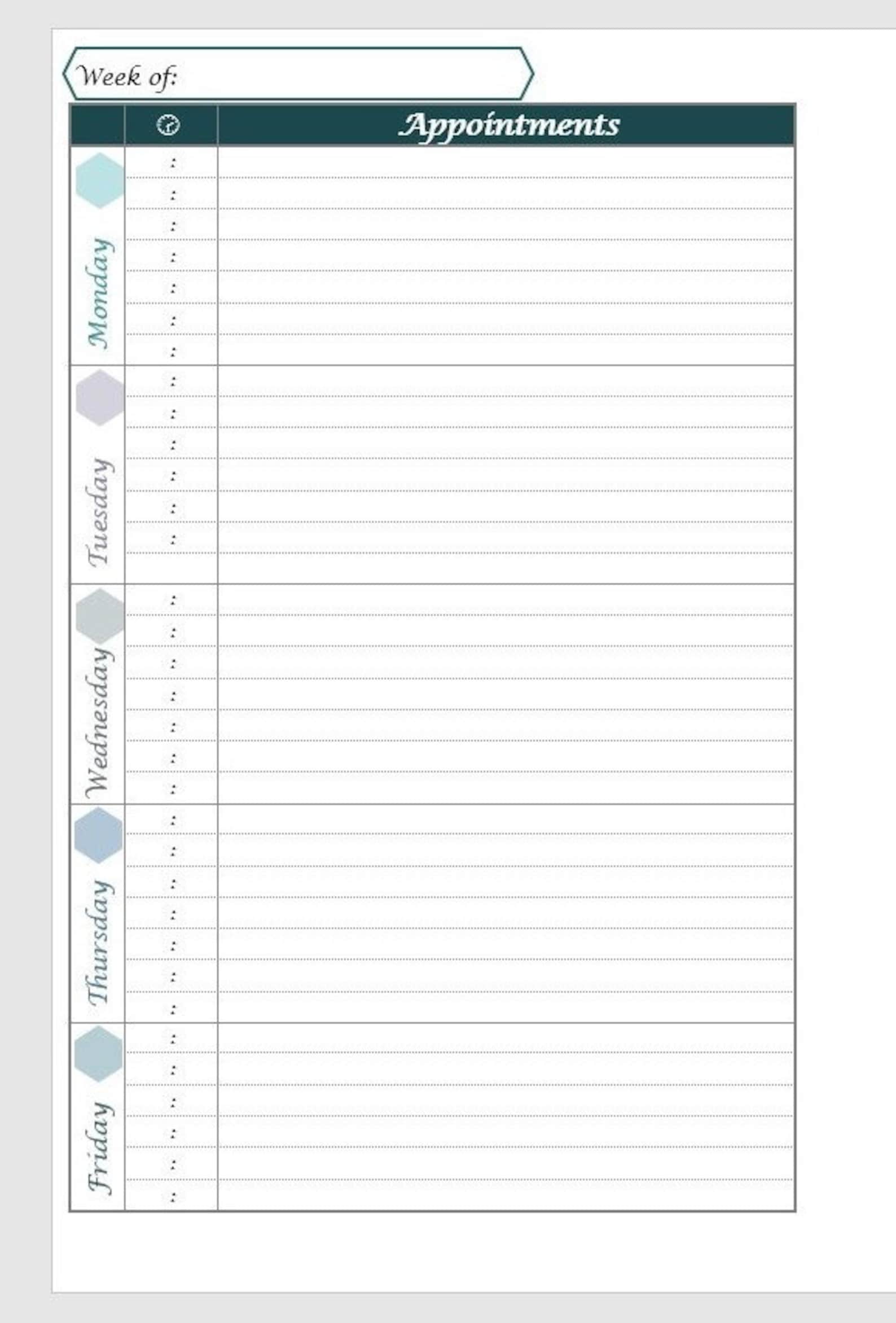 Printable A5 Horizontal Weekly Planner Layout With Daily Appointments ...