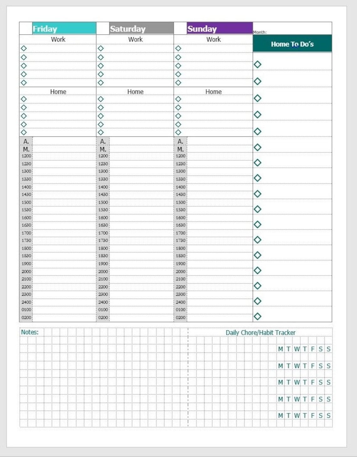 Weekly Vertical Planner Layout With Afternoon Hourly and Home, Work ...