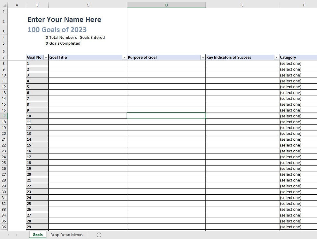 New Year's Resolution Success Tool | 100 Goals of 2023 Tracker Excel ...