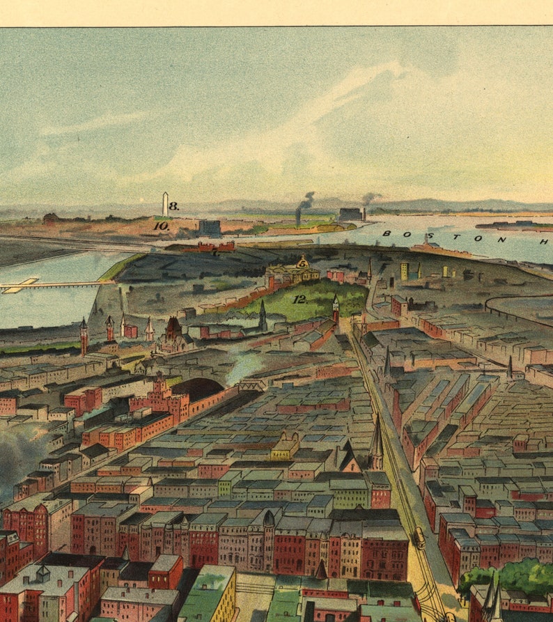 Boston Vintage Framed Map 1902 Birds Eye E - Etsy