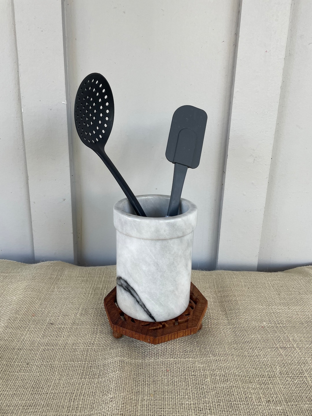 Vintage Marble Utensil Holder, Marble Utensil Crock, Carrara Marble ...