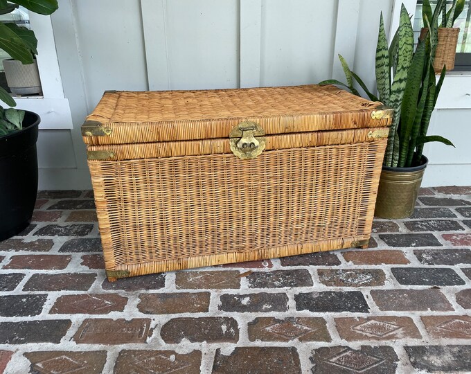 Vintage Wicker Chest With Brass, Vintage Wicker Trunk, Large Trunk ...