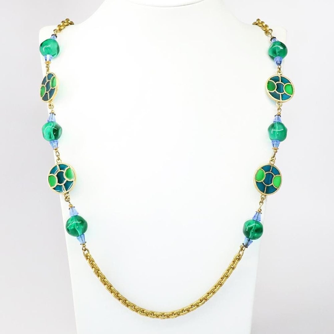 Vintage 1960's Mod Miriam Haskell Green & Blue Plique-à-jour Necklace ...