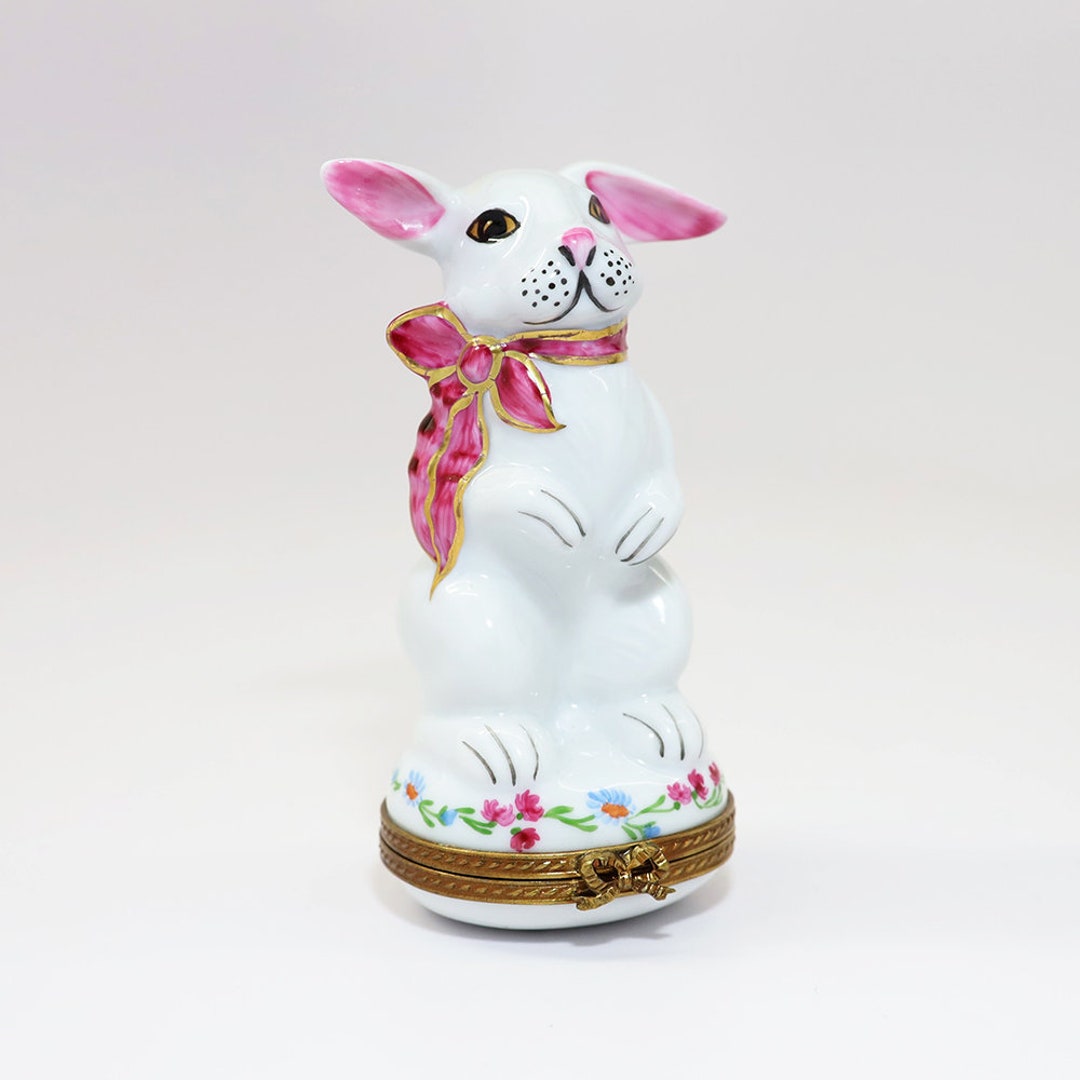 Retired Limoges, France Porcelain White Rabbit With Pink Bow Trinket ...
