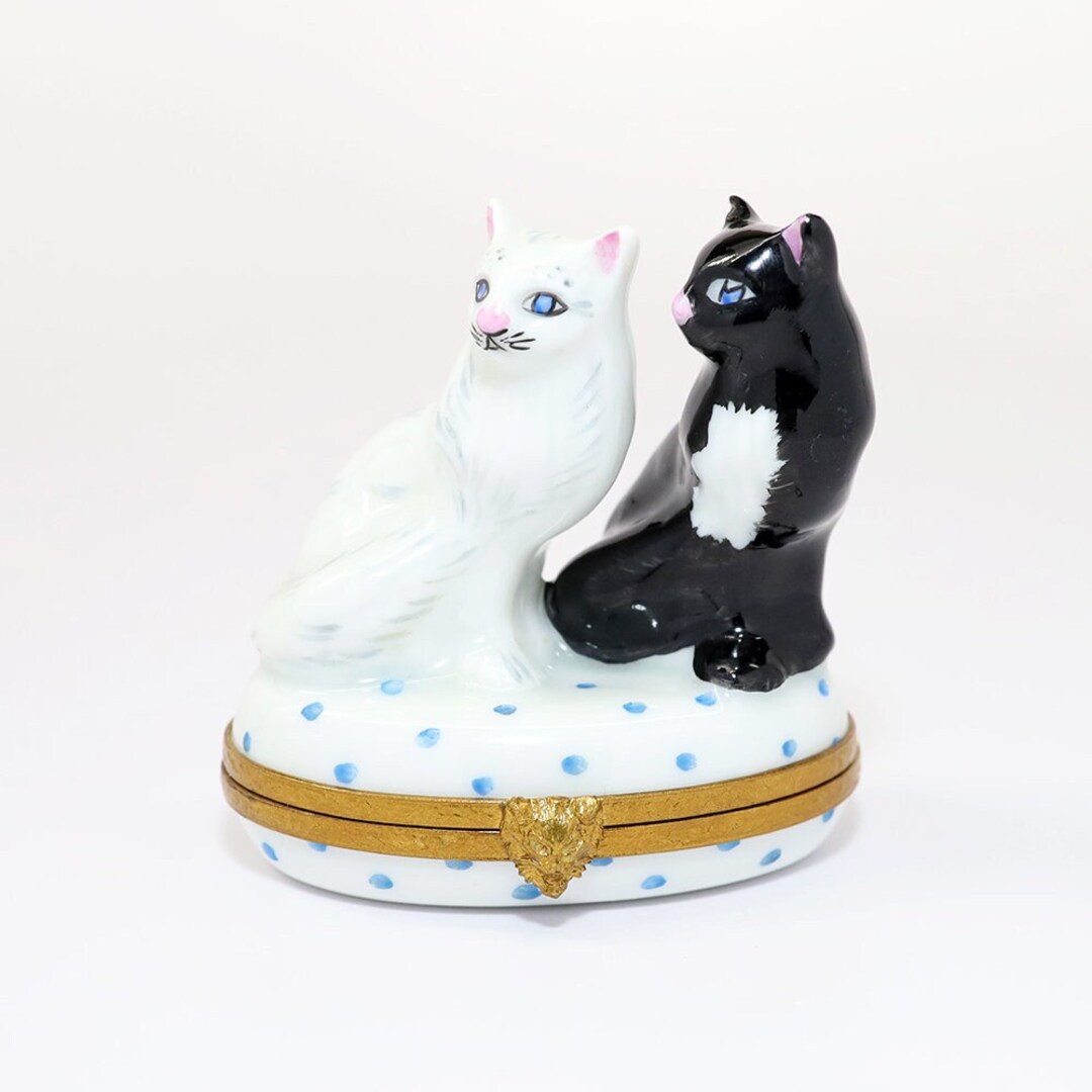 Retired Limoges, France Porcelain Black & White Cats With Blue Polka ...
