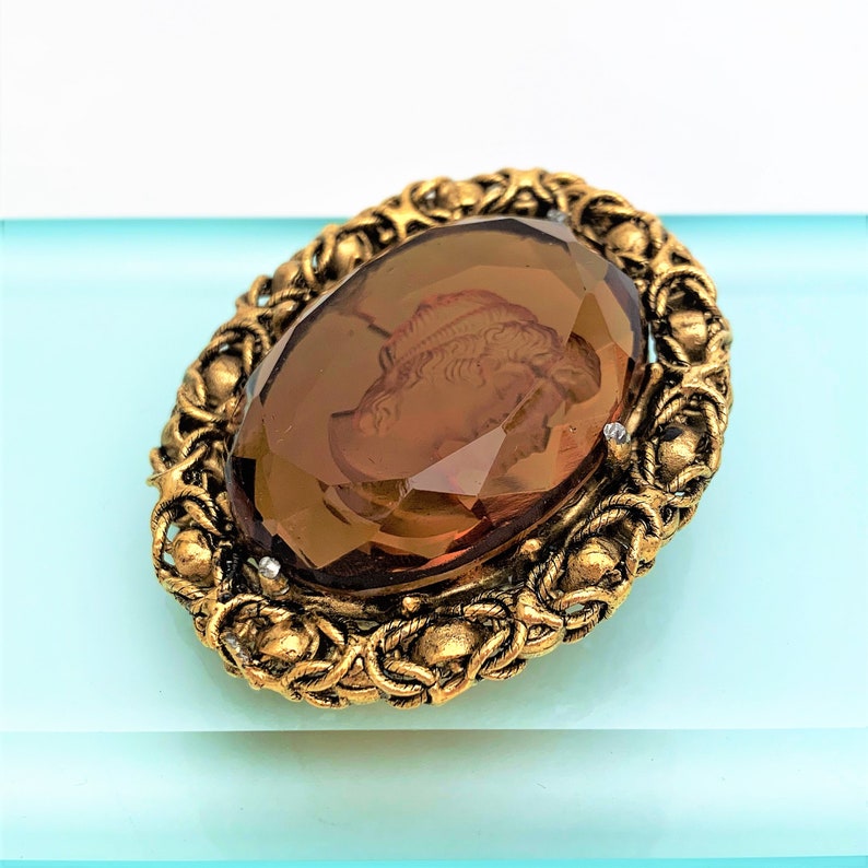 Vintage Signed Pauline Rader Reverse Cut Topaz Glass Cameo Broochpendant Etsy