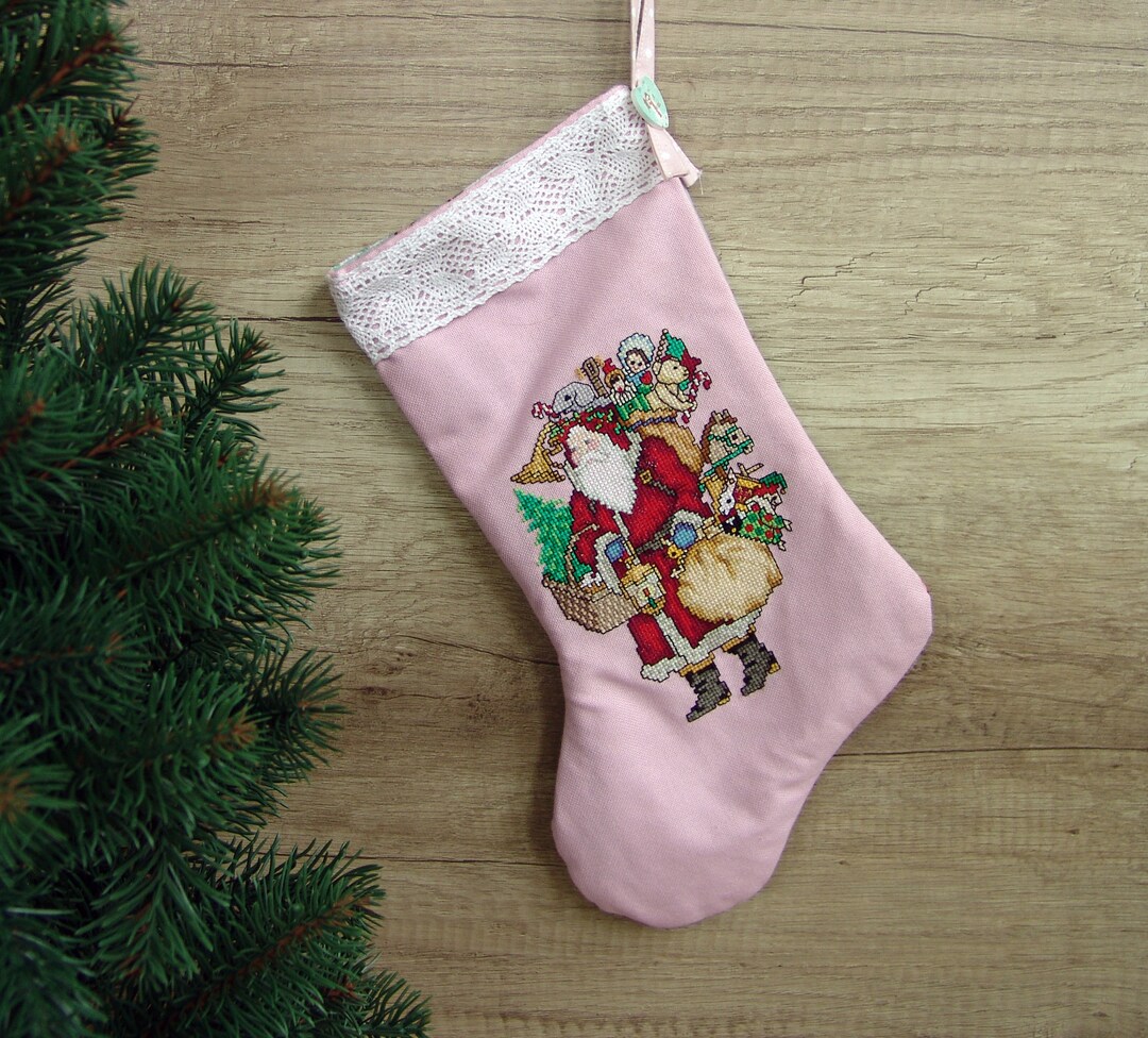 Christmas Stocking Pink Color With Embroidered Santa, Hand Embroidered ...