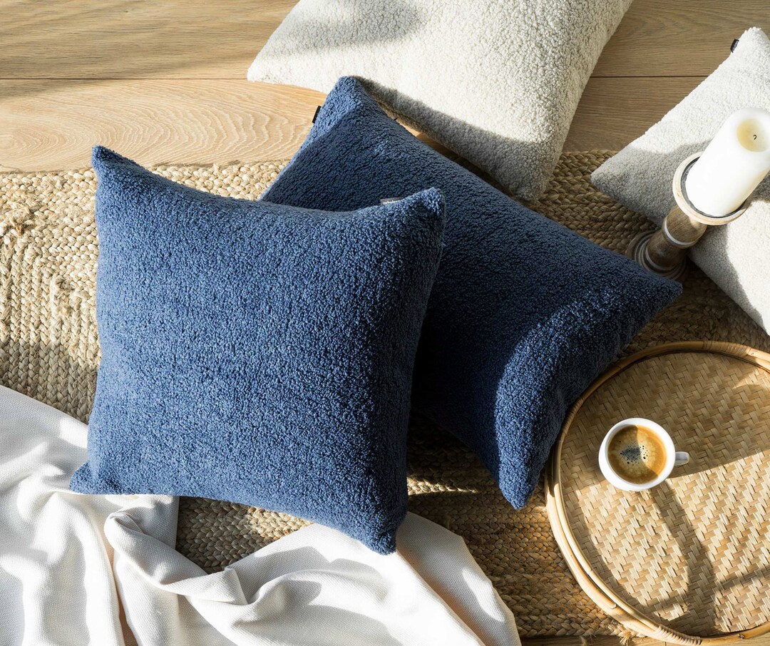 Navy Blue Bouclé Cushion COZY, Big Dark Blue Fall Pillow, Blue Sherpa ...