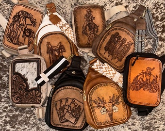 Tooled Leather Patch Sling Bag - Etsy