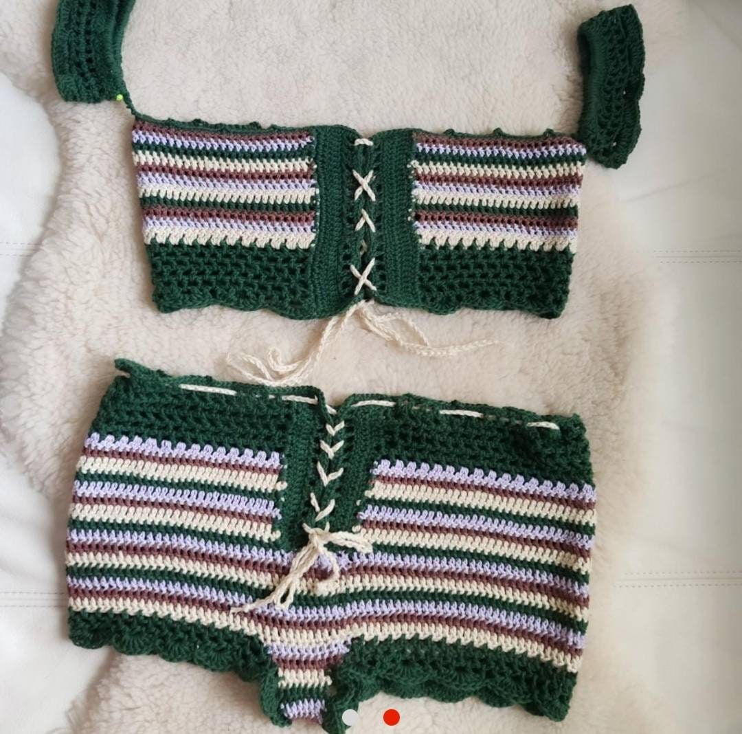 Crochet Set. Y2k Handmade Crochet Halter Crop Top and Shorts . off ...