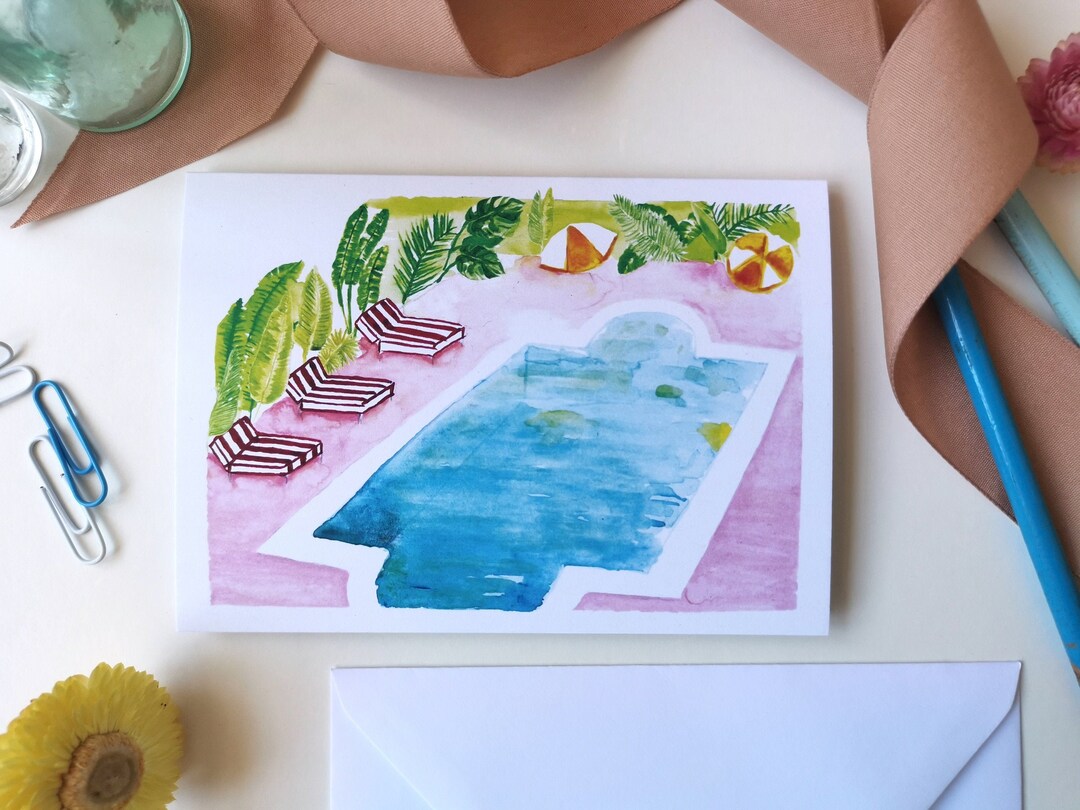 Poolside Scene Illustrated Greetings Card - Etsy