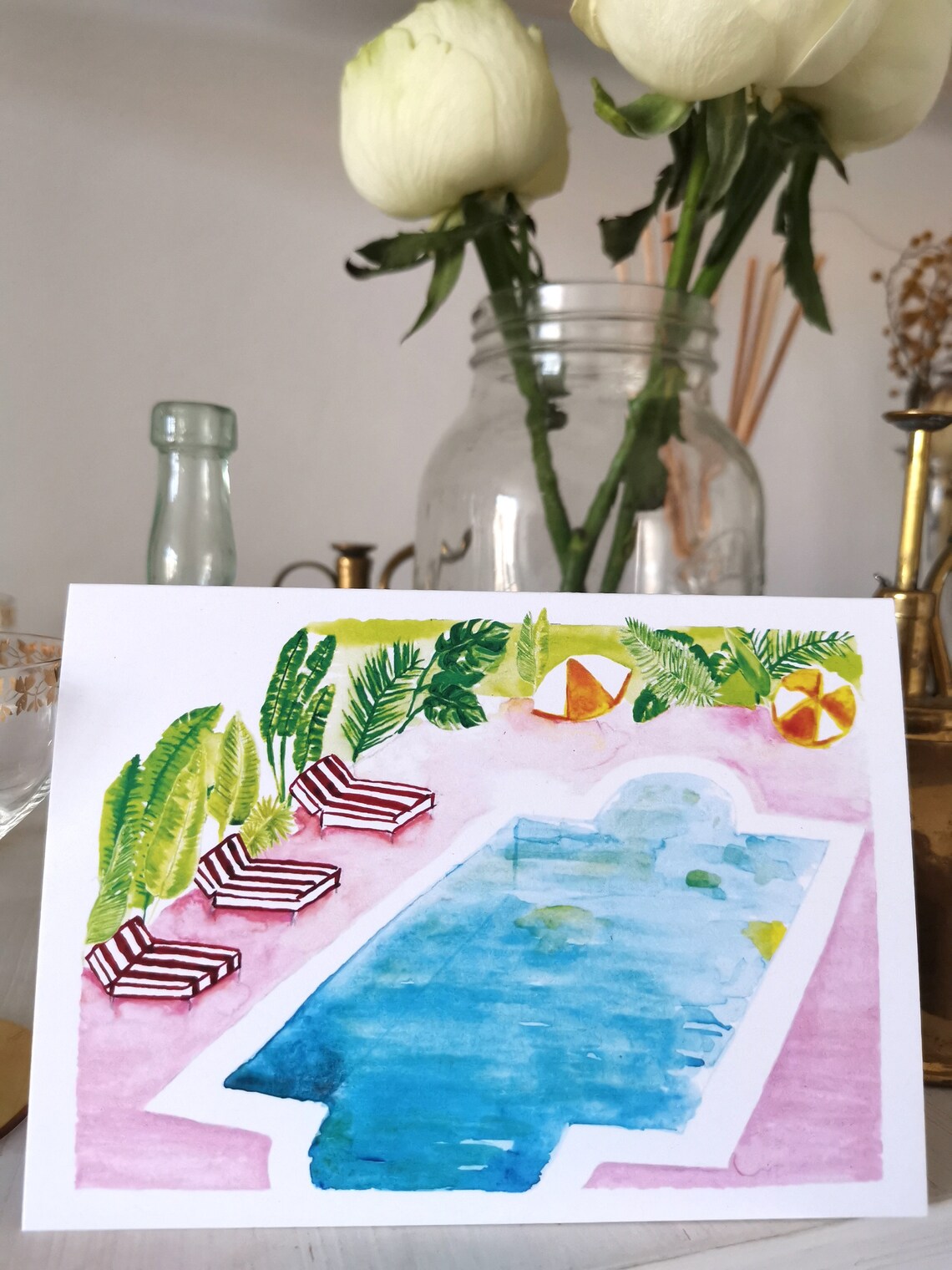 Poolside Scene Illustrated Greetings Card - Etsy