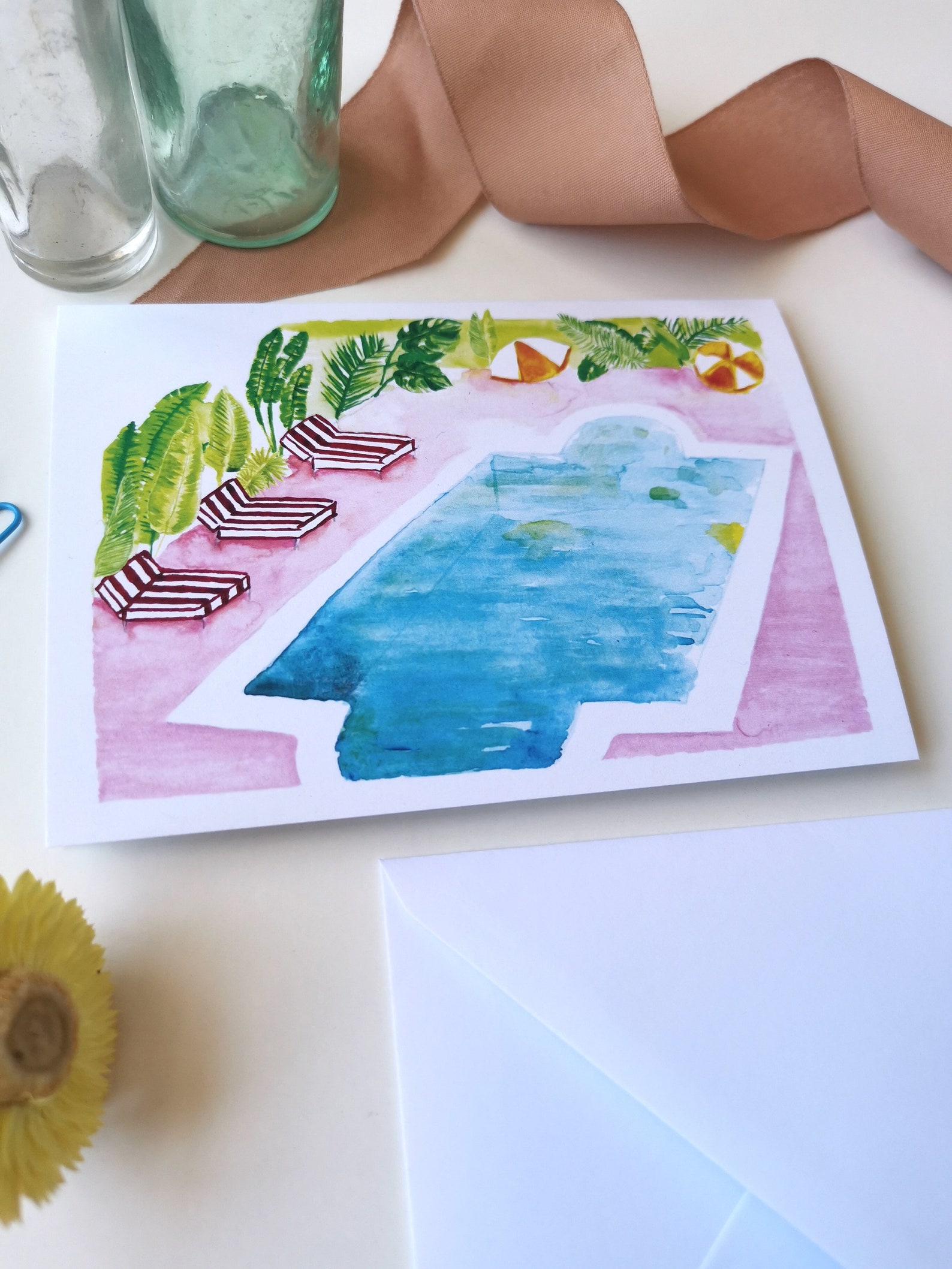 Poolside Scene Illustrated Greetings Card - Etsy