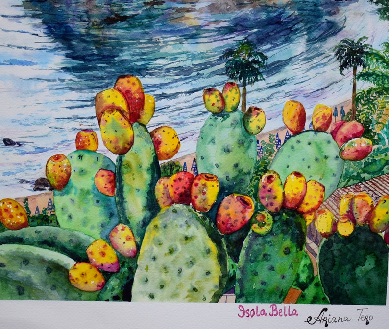 Isola Bella Print Watercolor Painting, Seascape Taormina, Sicily, Italy Magic Island Cactus ...