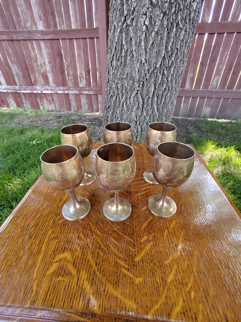 Vintage Brass Wine Goblets | Set of 6 Etched Metal Drinking Glasses ...