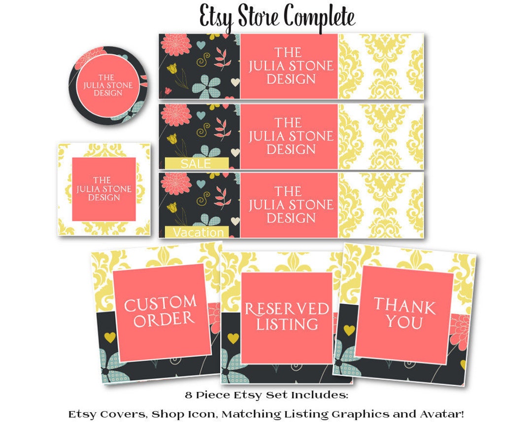 Premade Etsy Shop Set Floral Damask Design Etsy Cover Set Black Coral ...