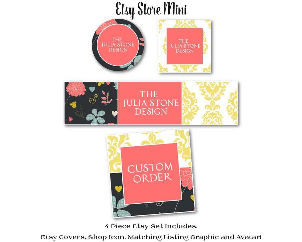 Premade Etsy Shop Set Floral Damask Design Etsy Cover Set Black Coral ...
