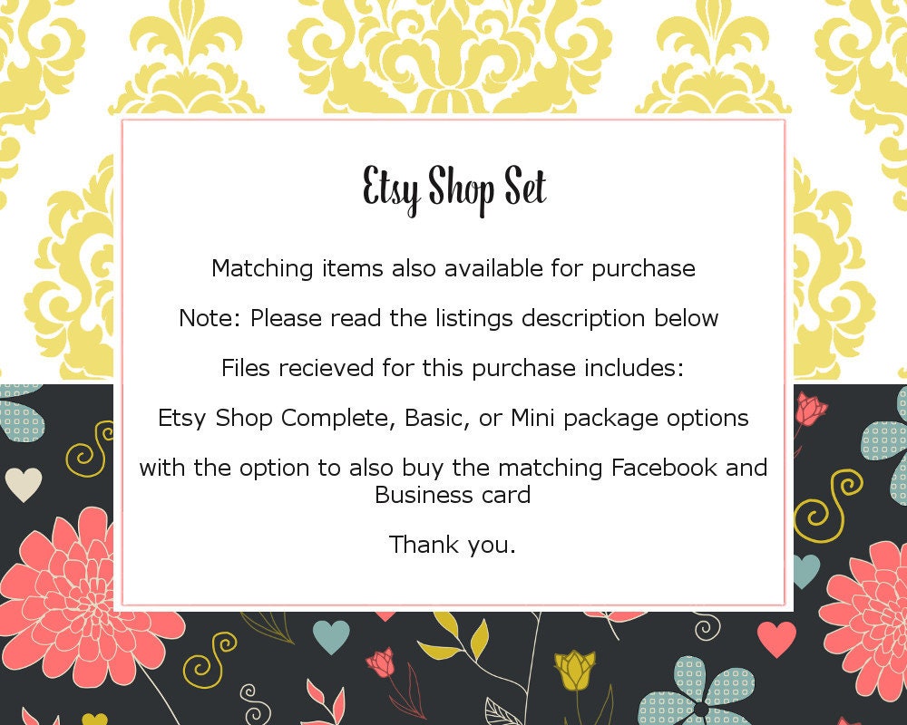 Premade Etsy Shop Set Floral Damask Design Etsy Cover Set Black Coral ...