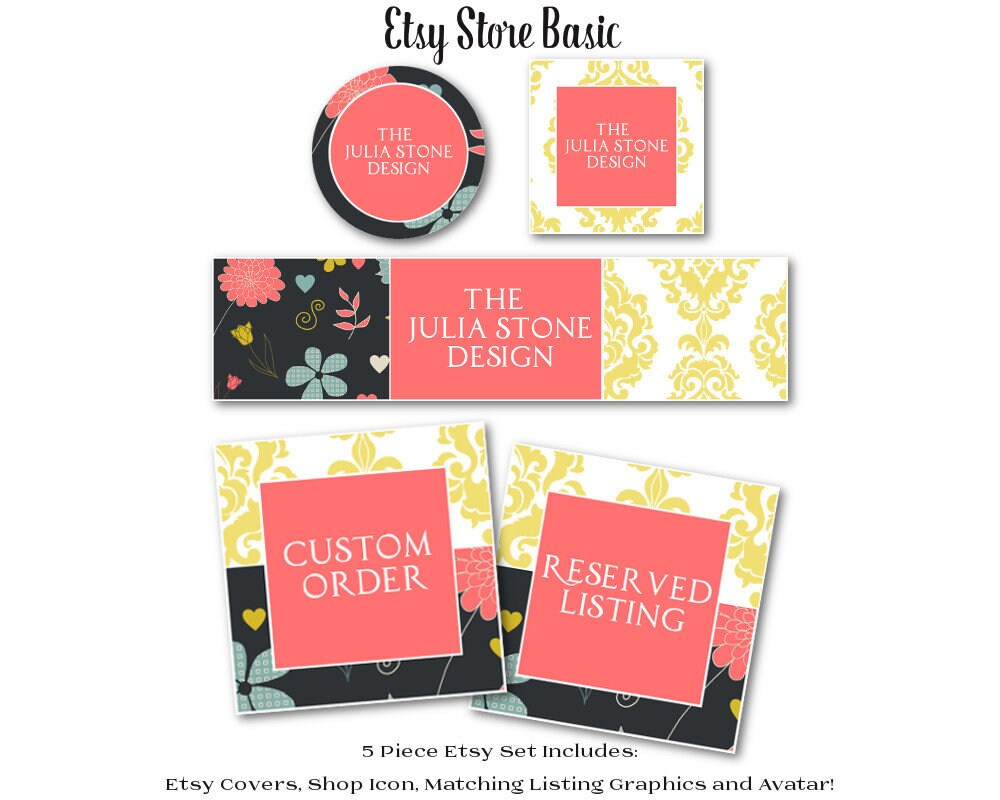 Premade Etsy Shop Set Floral Damask Design Etsy Cover Set Black Coral ...