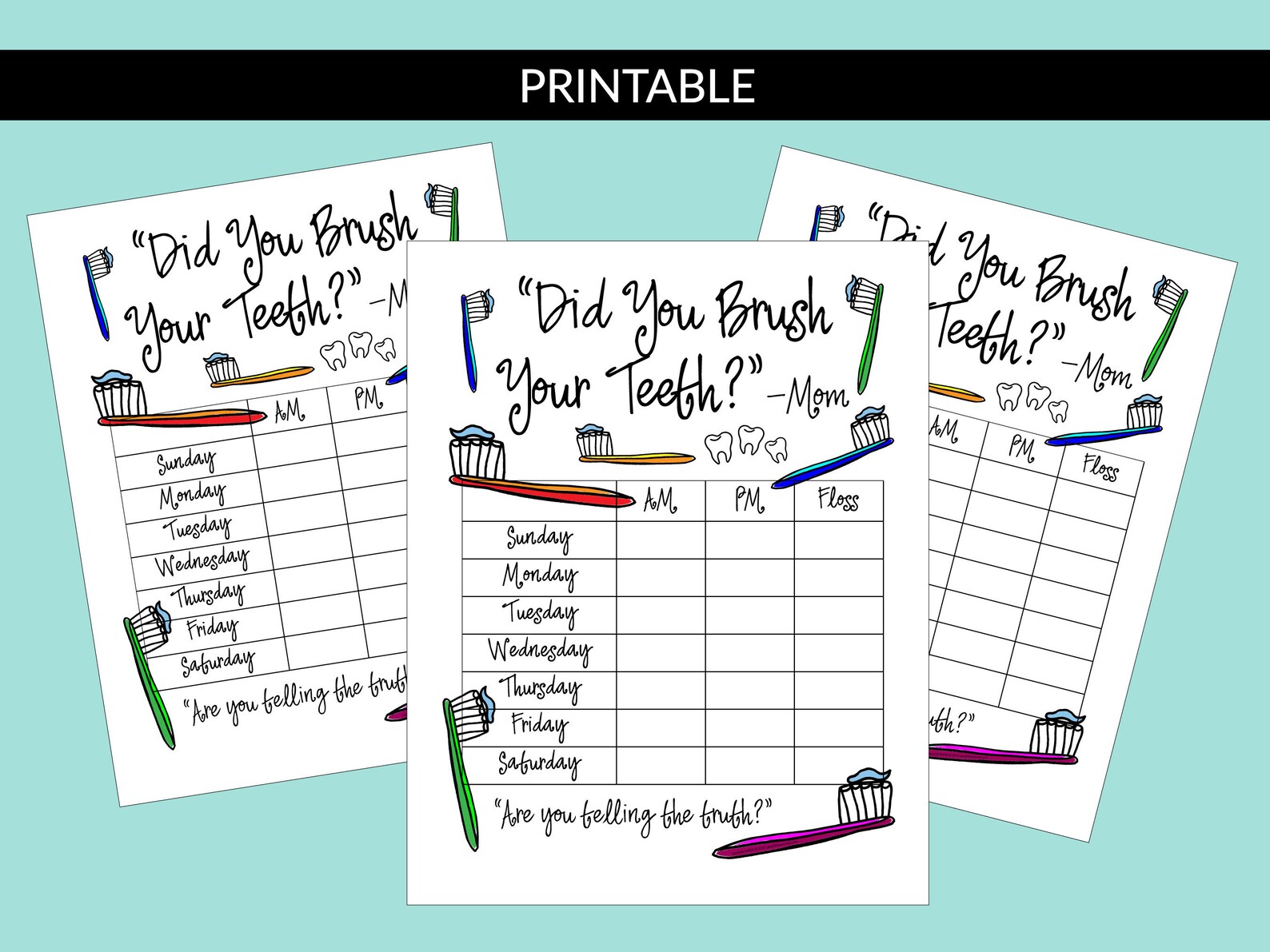 Brush Your Teeth Chart: Printable (kids Brush Teeth, Tooth Fairy ...