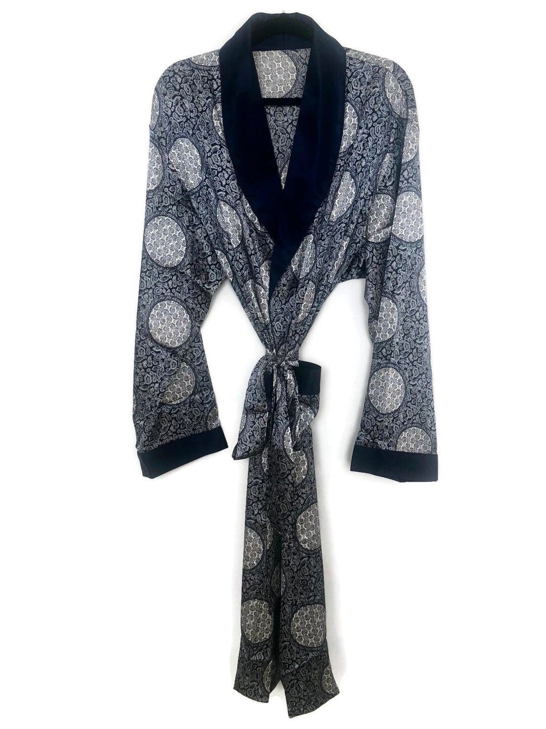 Paisley Blue Satin Robe | Vintage Style Silky Loungewear | Smoking ...