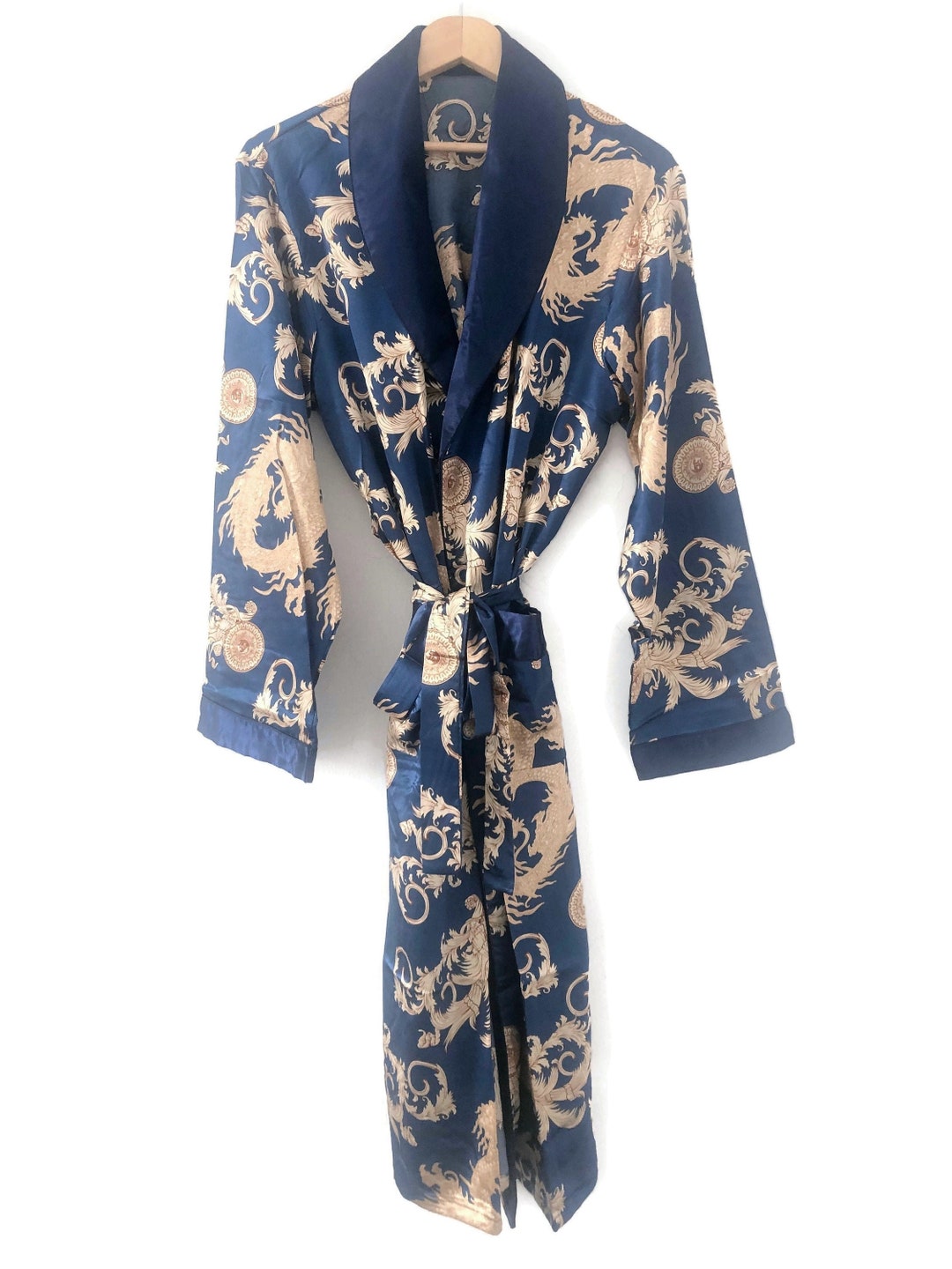 Blue Dragon Satin Robe | Vintage Style Silky Gown | Kimono Smoking ...
