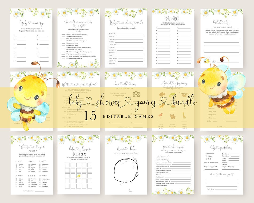 15 Editable Baby Bee Shower Games, Baby Bee Shower Games, Gender Baby ...