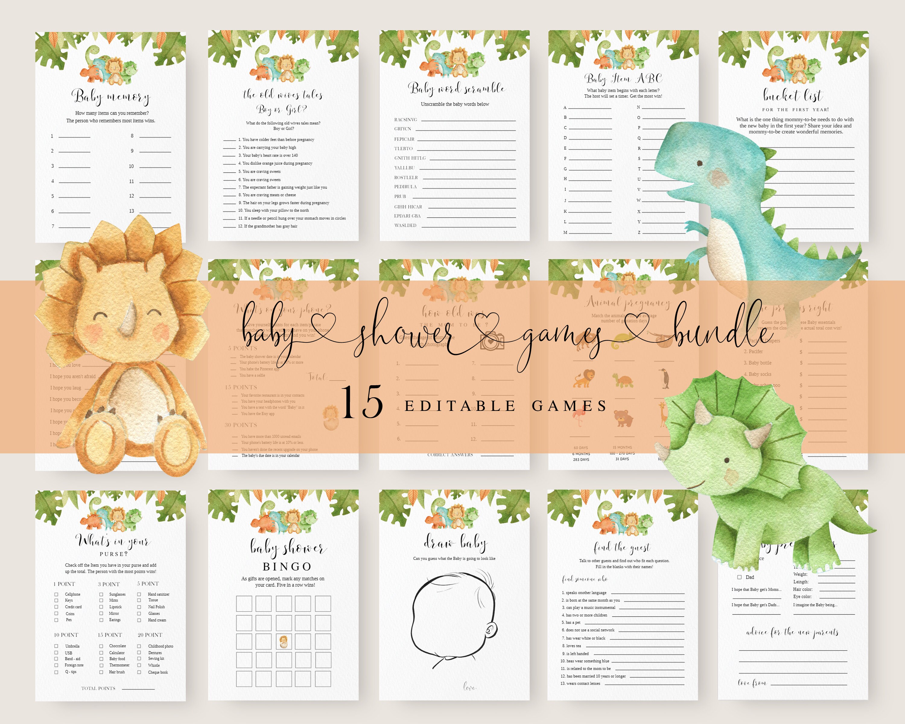 Dinosaur 15 Baby Shower Games, Editable Dino Baby Shower Games Bundle ...