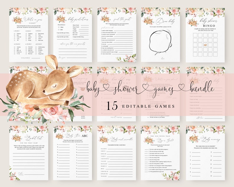 15 Editable Baby Shower Games Baby Deer, Baby Shower Games Deer, Floral ...