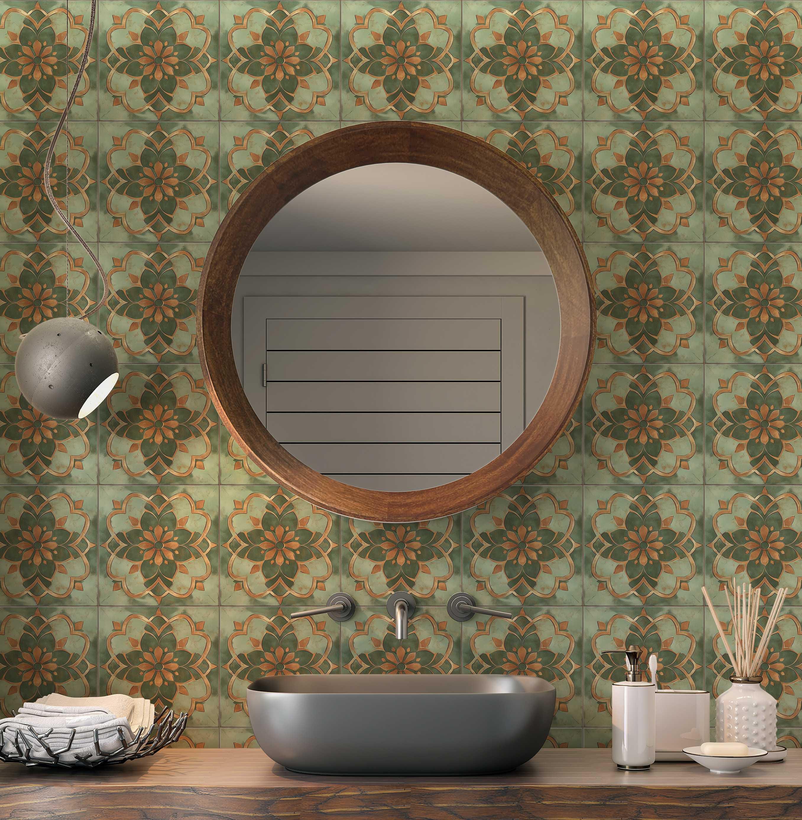 Sage Green Rust Ceramic Tile Vintage Moroccan Tile Design Kitchen ...