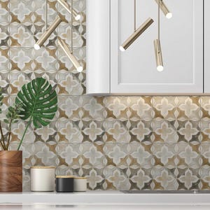 Vintage Neutral Tones Ceramic Tile Unique Patterned Kitchen Backsplash ...