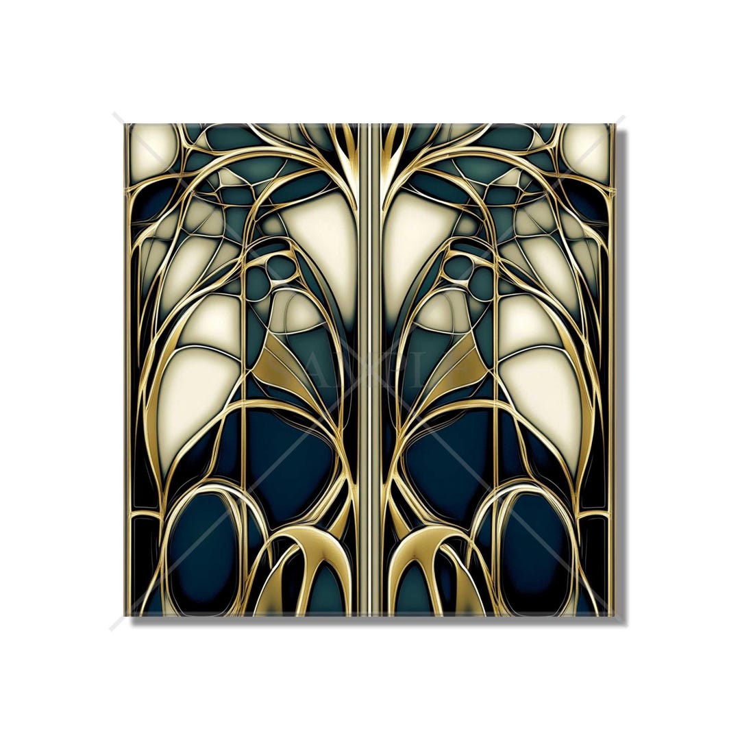Vintage Art Deco Design Ceramic Tile Dark Teal and Gold Tones Art Deco ...