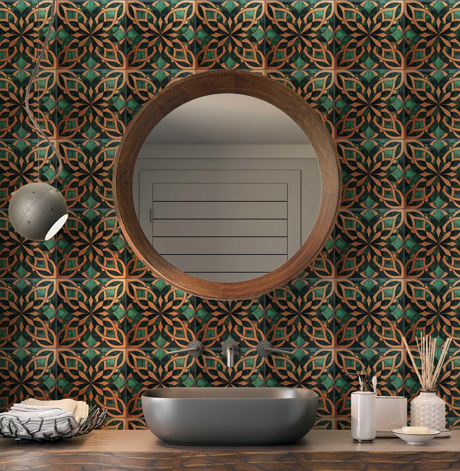 Green Copper Patterned Ceramic Tile - Green Kitchen Backsplash Tile ...