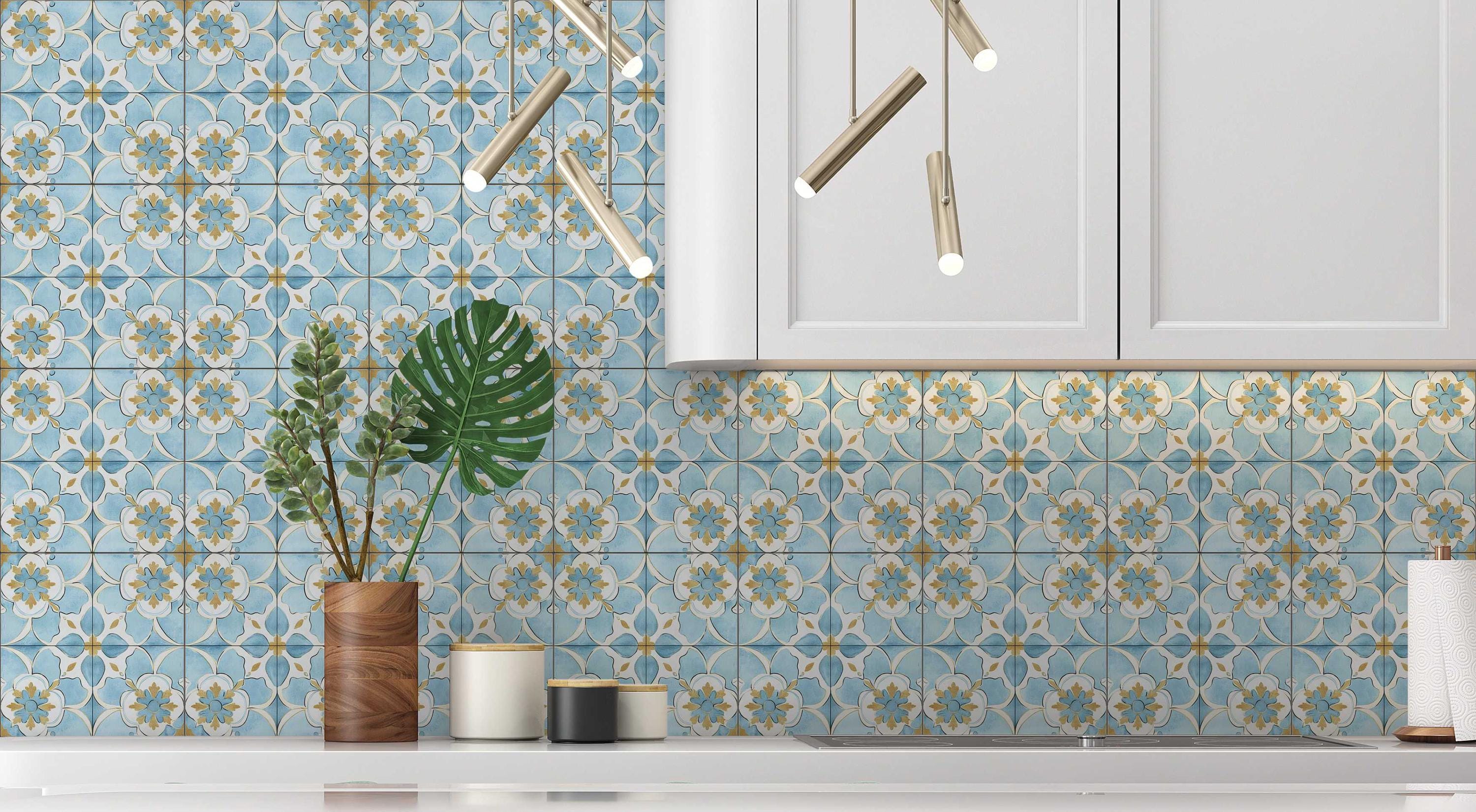 Light Blue and White Patterned Kitchen Backsplash Tile - Decorative ...