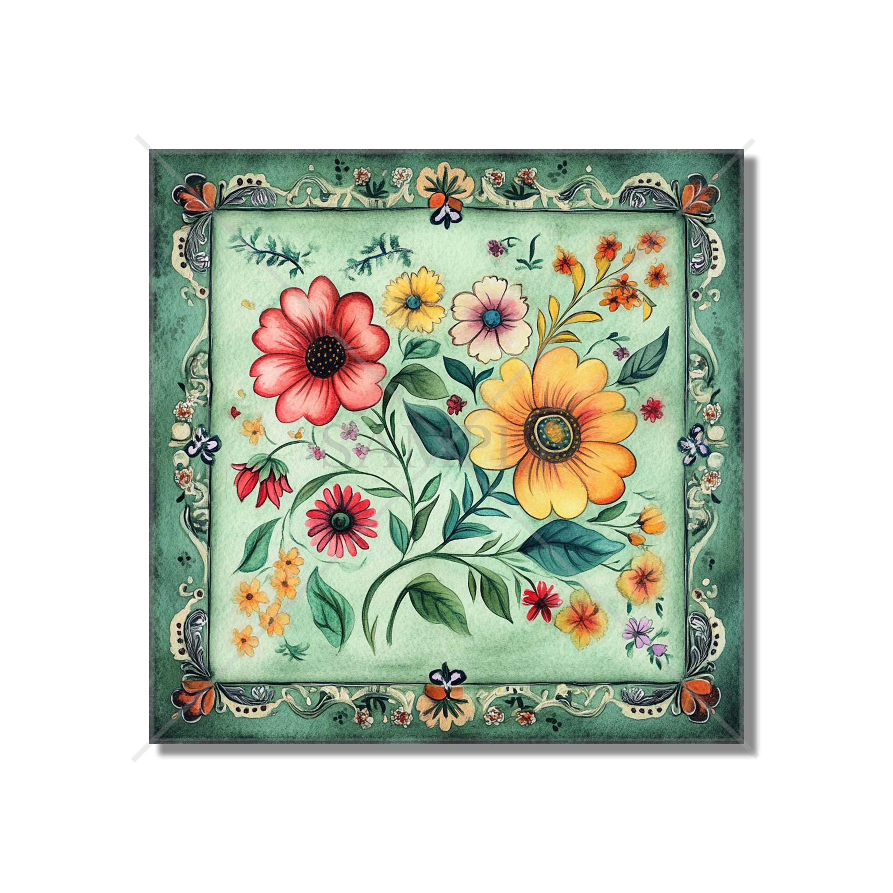 Folk Art Floral Design Ceramic Tile Multi Colored Kitchen Tile ...