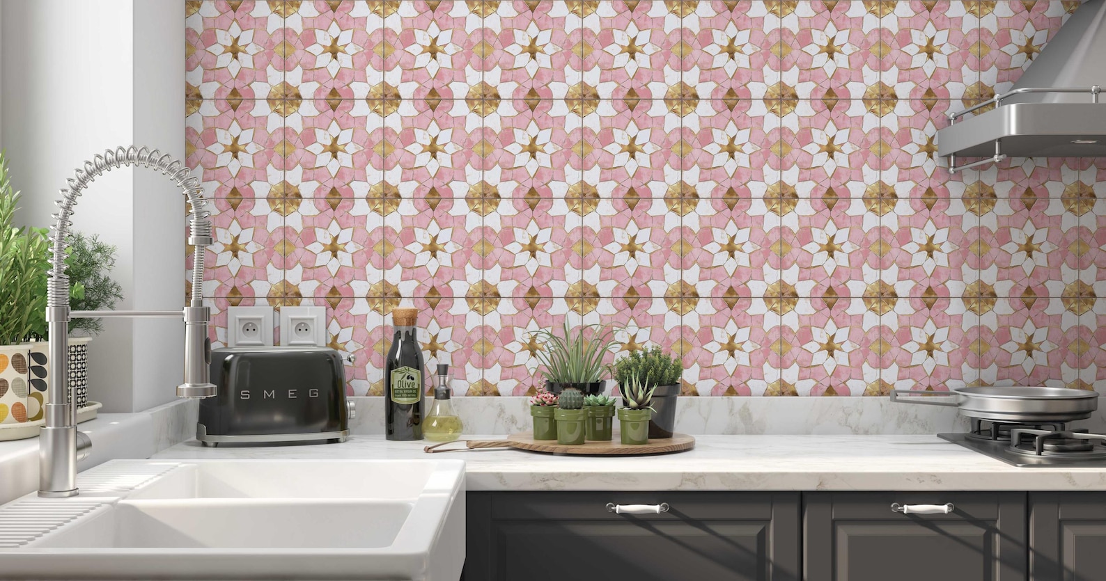 Pink Geometric Ceramic Tile Pink and White Kitchen Backsplash Tile ...