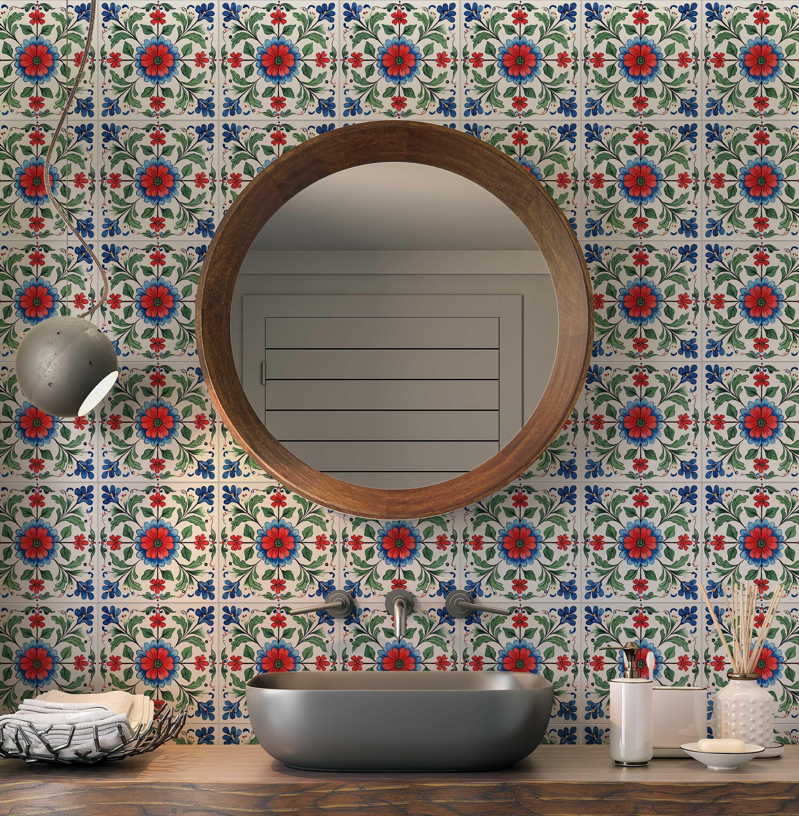 Blue Red Green Floral Ceramic Tile - Vintage Floral Design Tile Ceramic ...