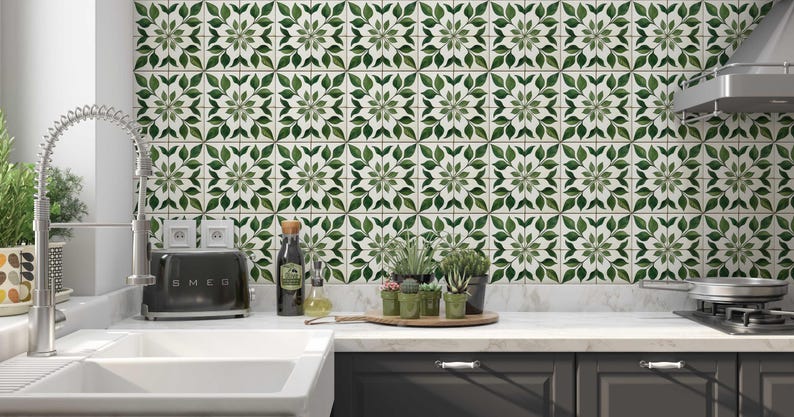Green Leaves Botanical Ceramic Tile Patterned Kitchen Backsplash Tile ...