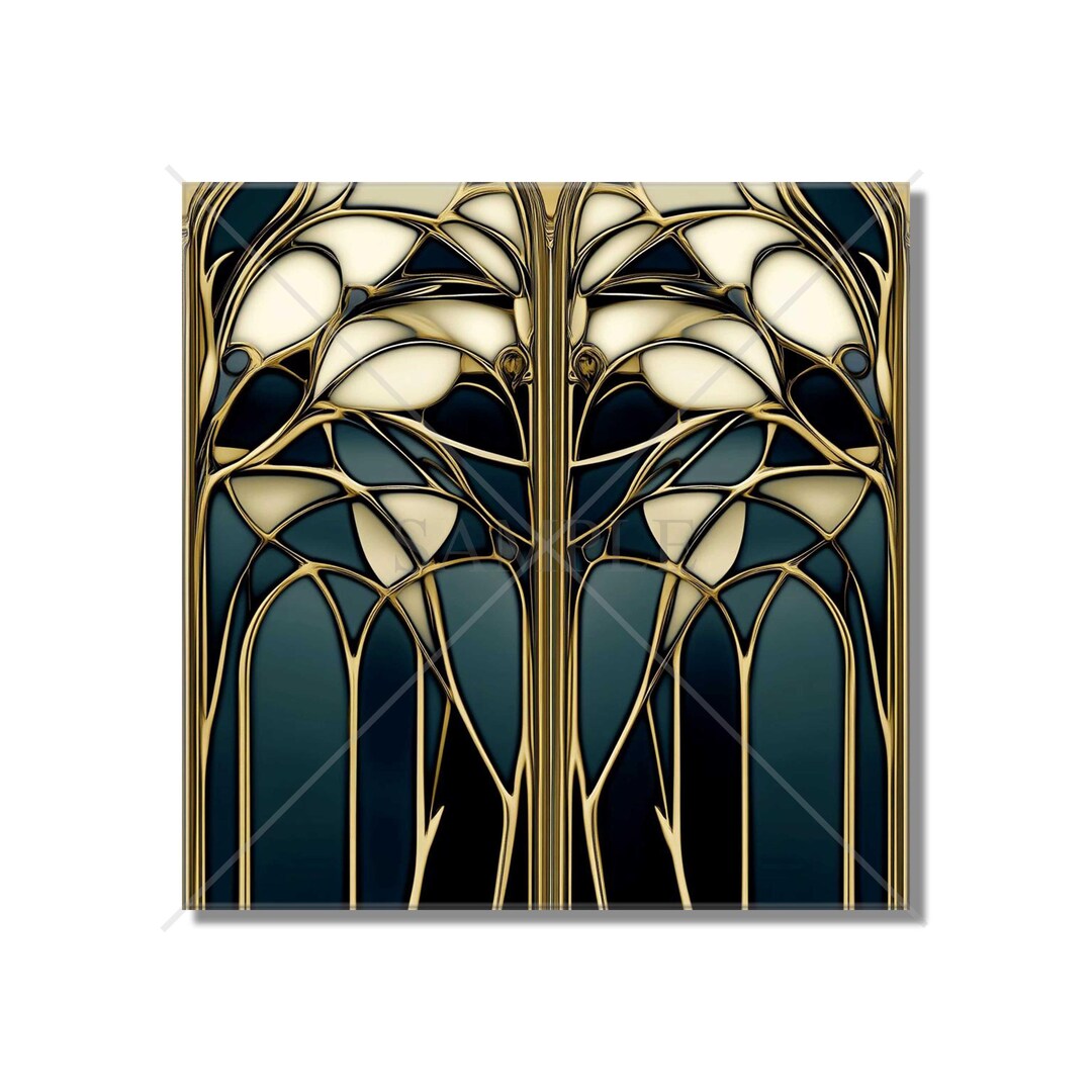 Vintage Art Deco Design Ceramic Tile Dark Teal and Gold Tones Art Deco ...
