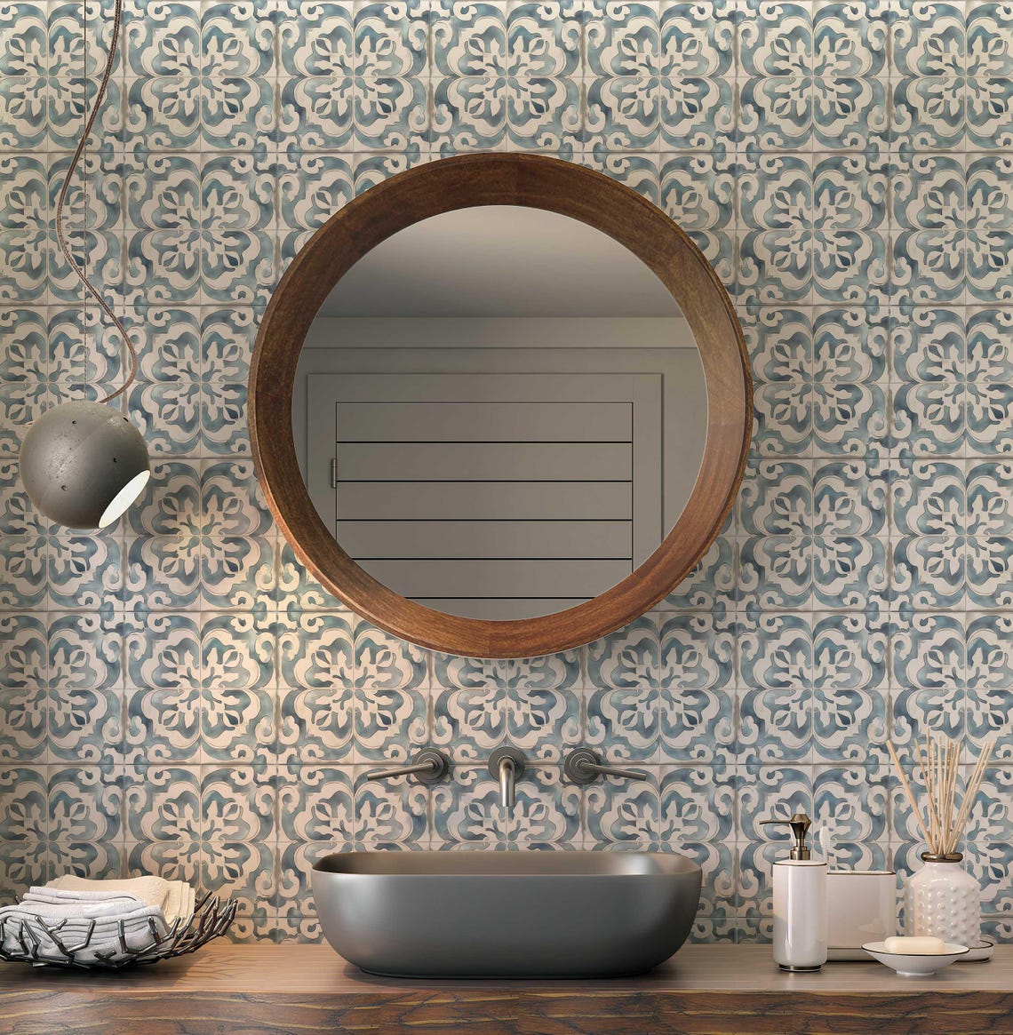Blue Gray Patterned Ceramic Tile - Unique Patterned Blue Grey Kitchen ...